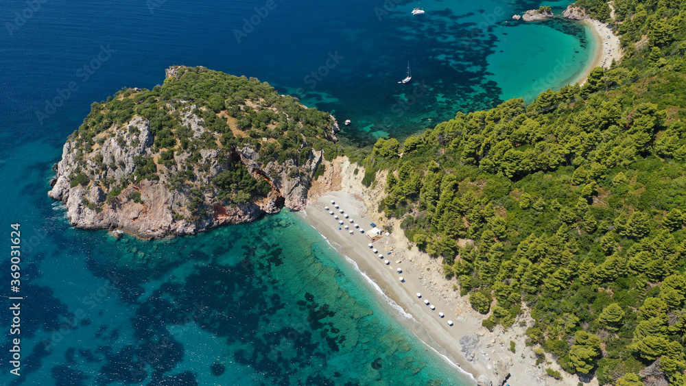 Aerial drone photo of beautiful turquoise sandy beaches of Stafilos and ...