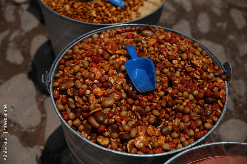habas fritas. Mexican snack with peanuts, dried beans, sunflower seeds ...