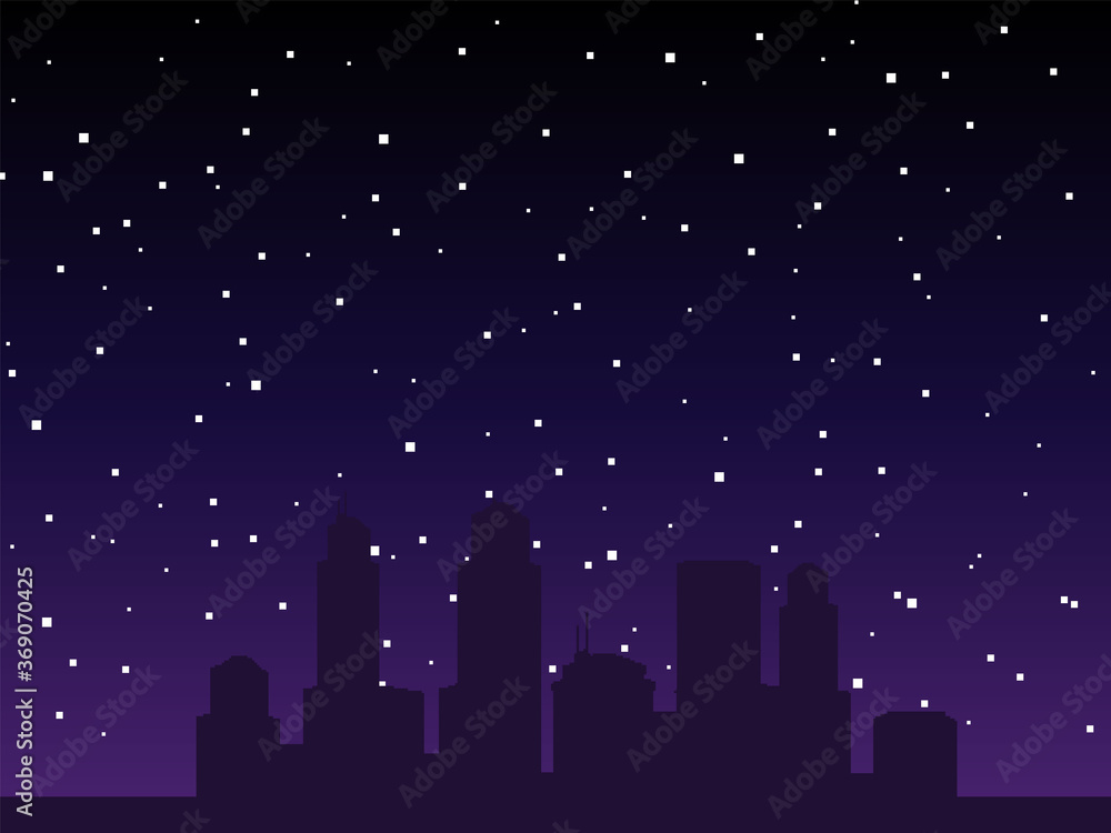 Vector pixel night city background. Pixel art background. 8bit Stock ...