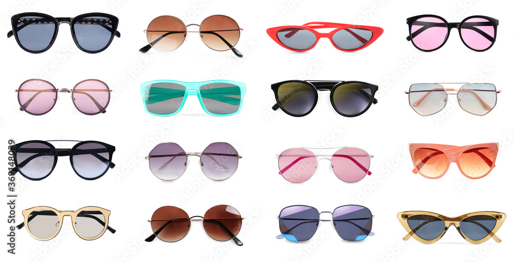 Collage with different stylish sunglasses on white background. Banner ...