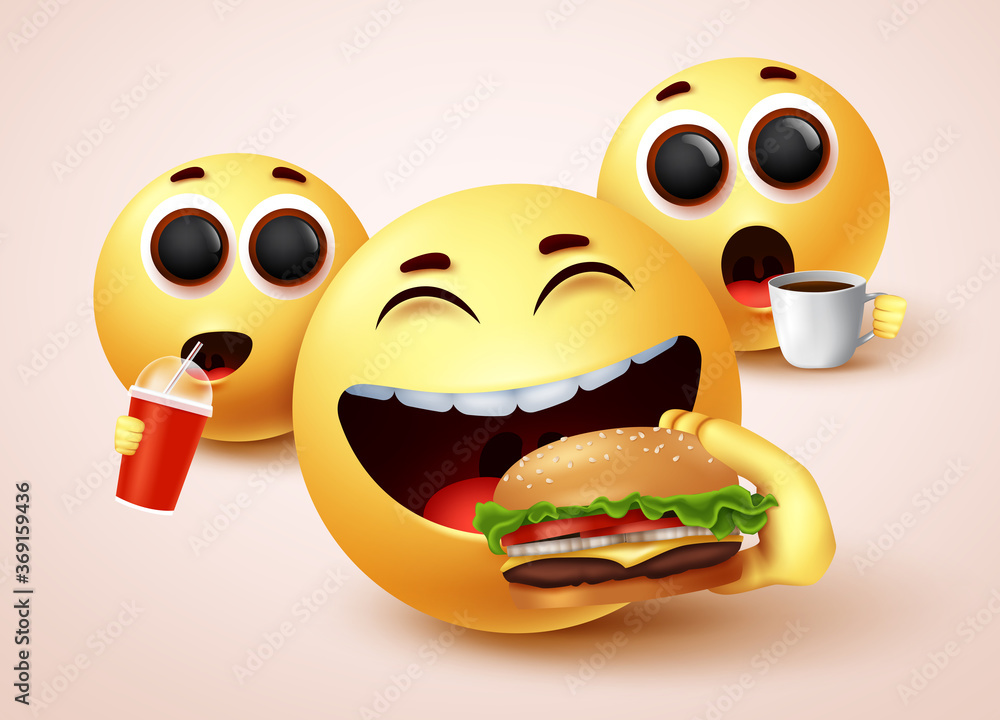 Smiley emoji eating fastfood burger vector character design. Smiley ...