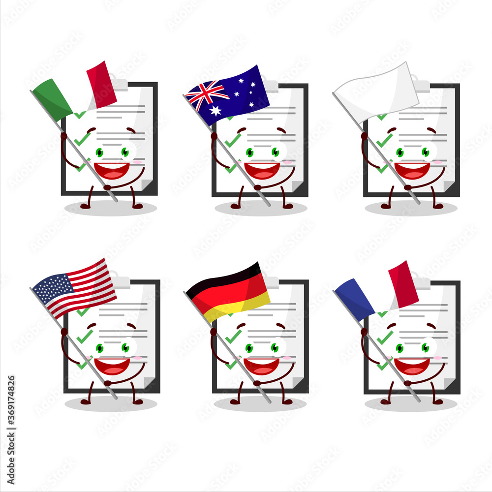 Clipboard with checklist cartoon character bring the flags of various ...