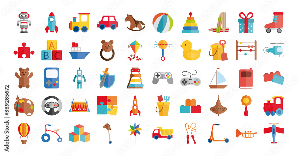 cartoon toys object for small children to play, flat style icons set ...
