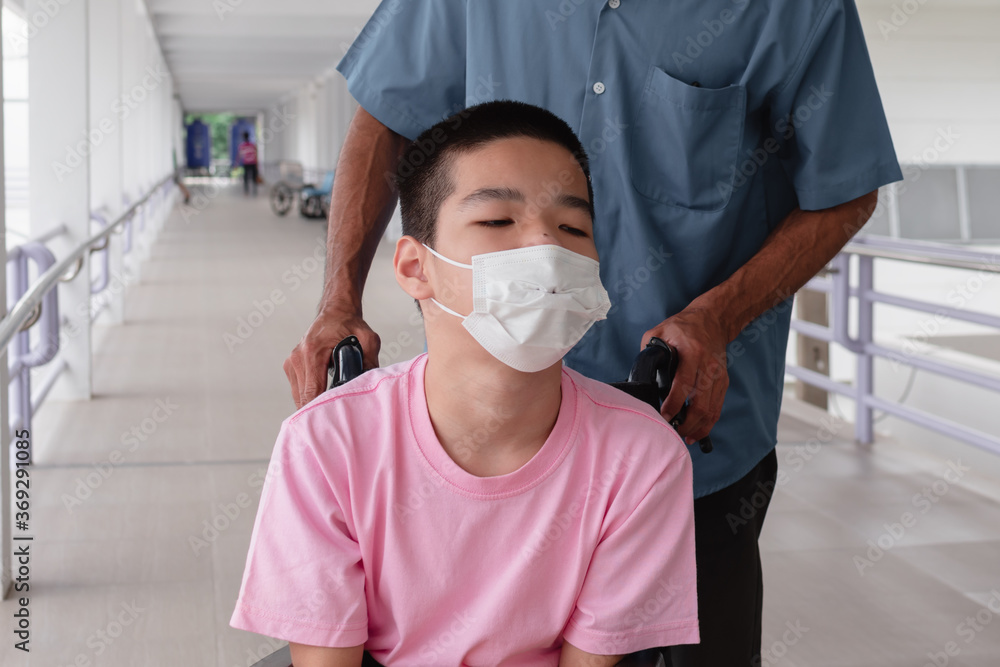 Asian special child on wheelchair wearing mask protection flu Covid 19 or Coronavirus,Wear N95 ...