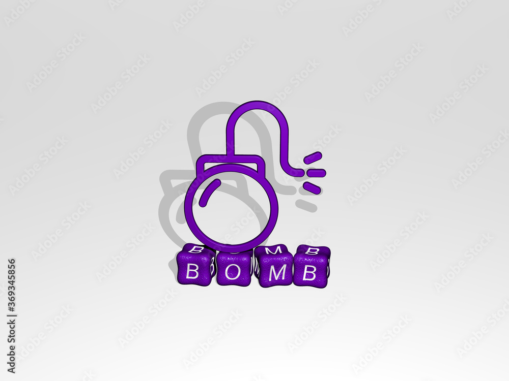 3D illustration of bomb graphics and text made by metallic dice letters ...