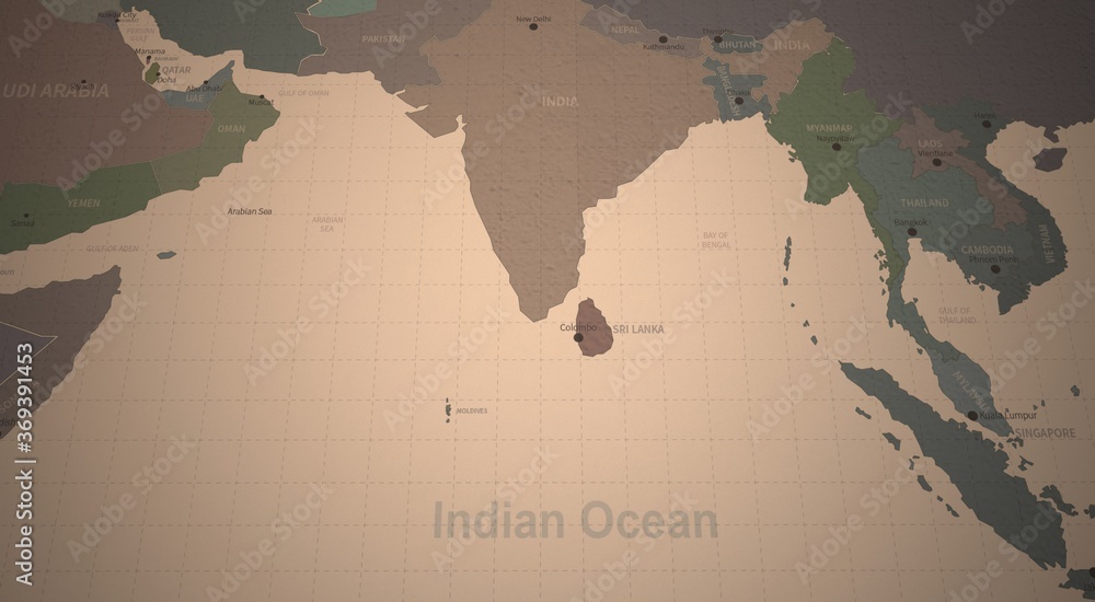 indian ocean countries map. 3d rendering of vintage continental world ...
