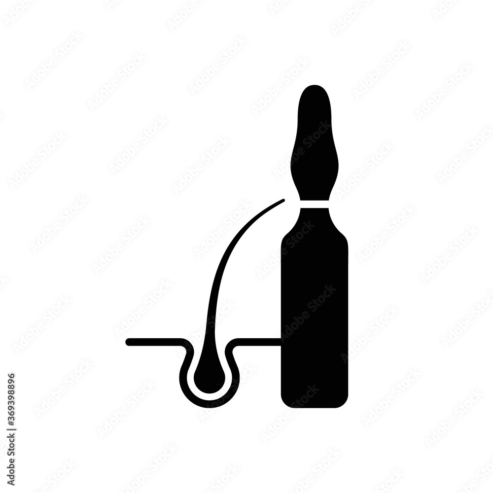 Silhouette Hair growth activator. Outline icon of ampoule with hair follicle. Black simple ...