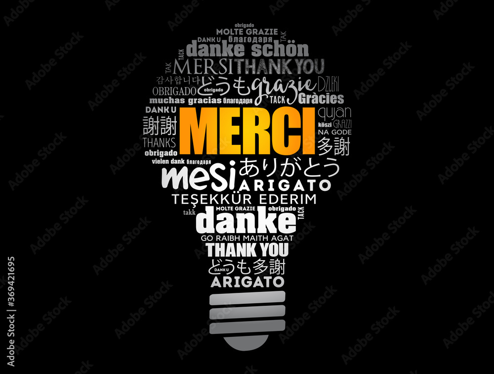 Merci (Thank You in French) light bulb word cloud, concept background ...