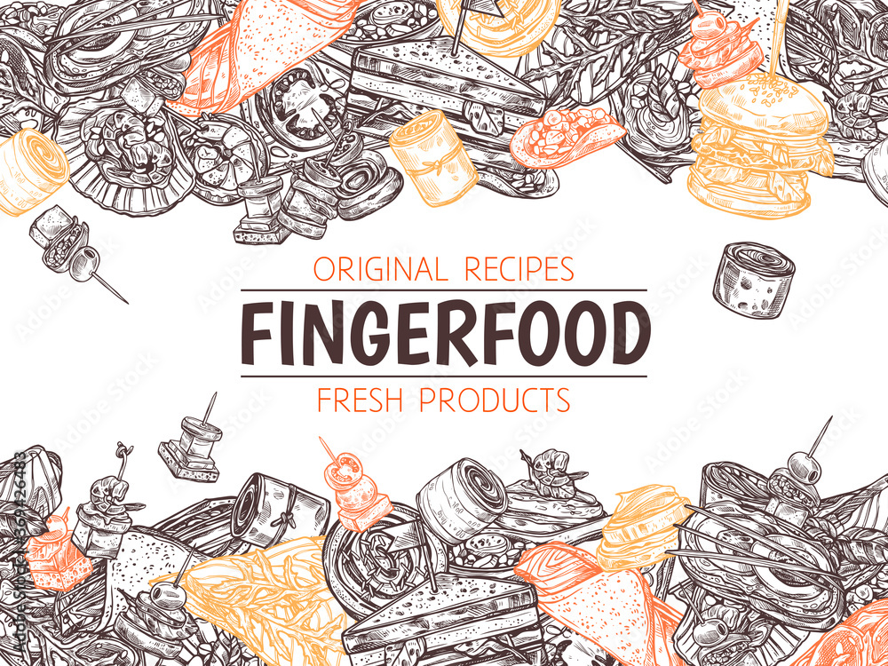Poster with finger food background, template for menu, horizontal ...