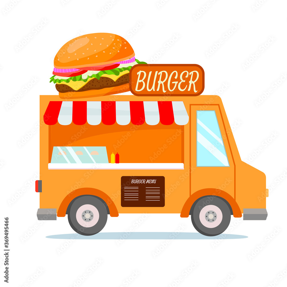 Bright food truck with burgers. Big burger on top of the truck. Burger ...
