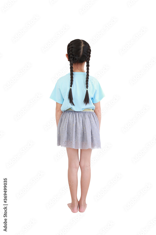 Back view little asian child girl with pigtail hair isolated over white ...