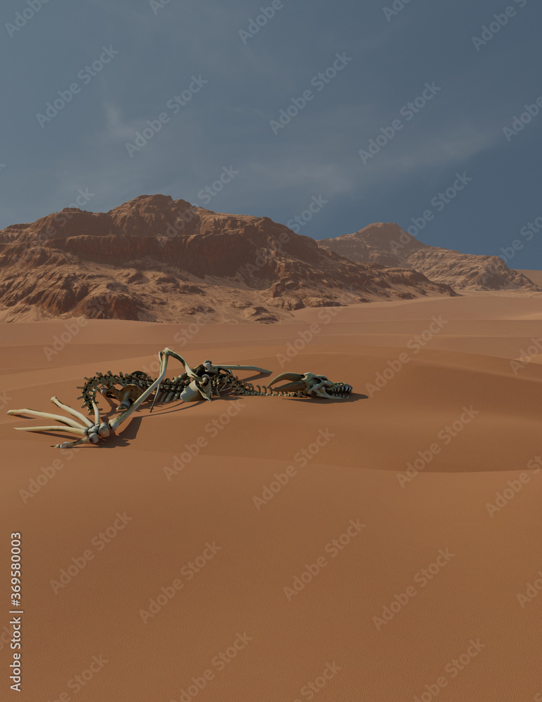 Fantasy illustration of the skeleton of an ancient dragon buried in ...