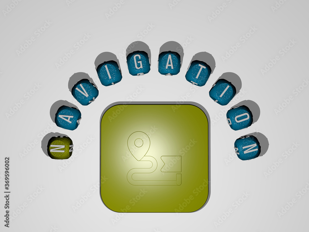 3D representation of navigation with icon on the wall and text arranged ...