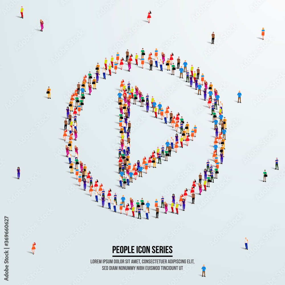 Play button or icon or concept. large group of people form to create ...