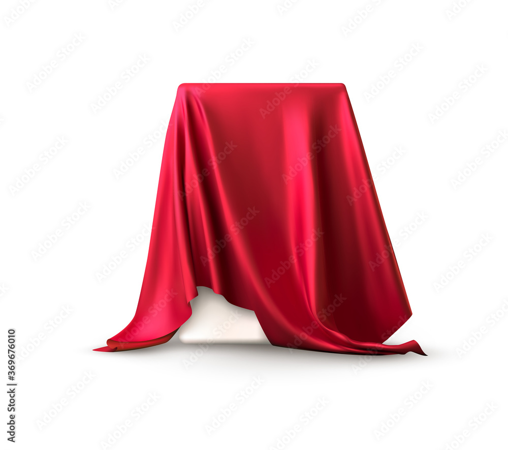 Realistic box covered with red silk cloth. Isolated on white background ...