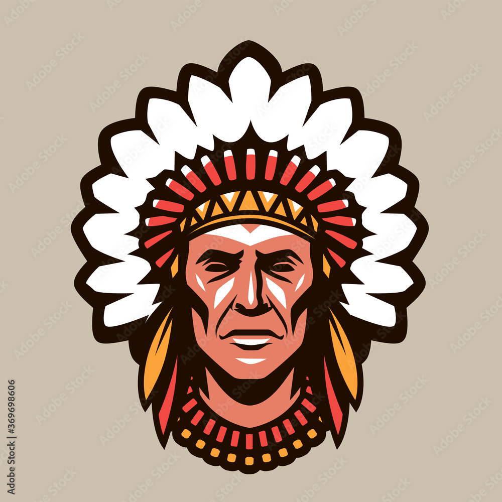 Indian chief in headdress of feathers. Warrior symbol or mascot Stock ...
