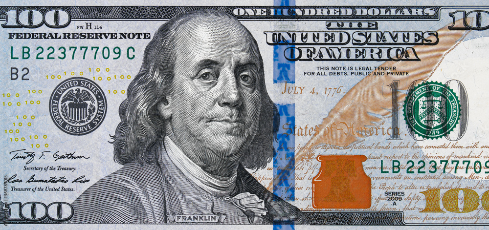 US 100 dollar bill close up, USA federal fed reserve note. American ...