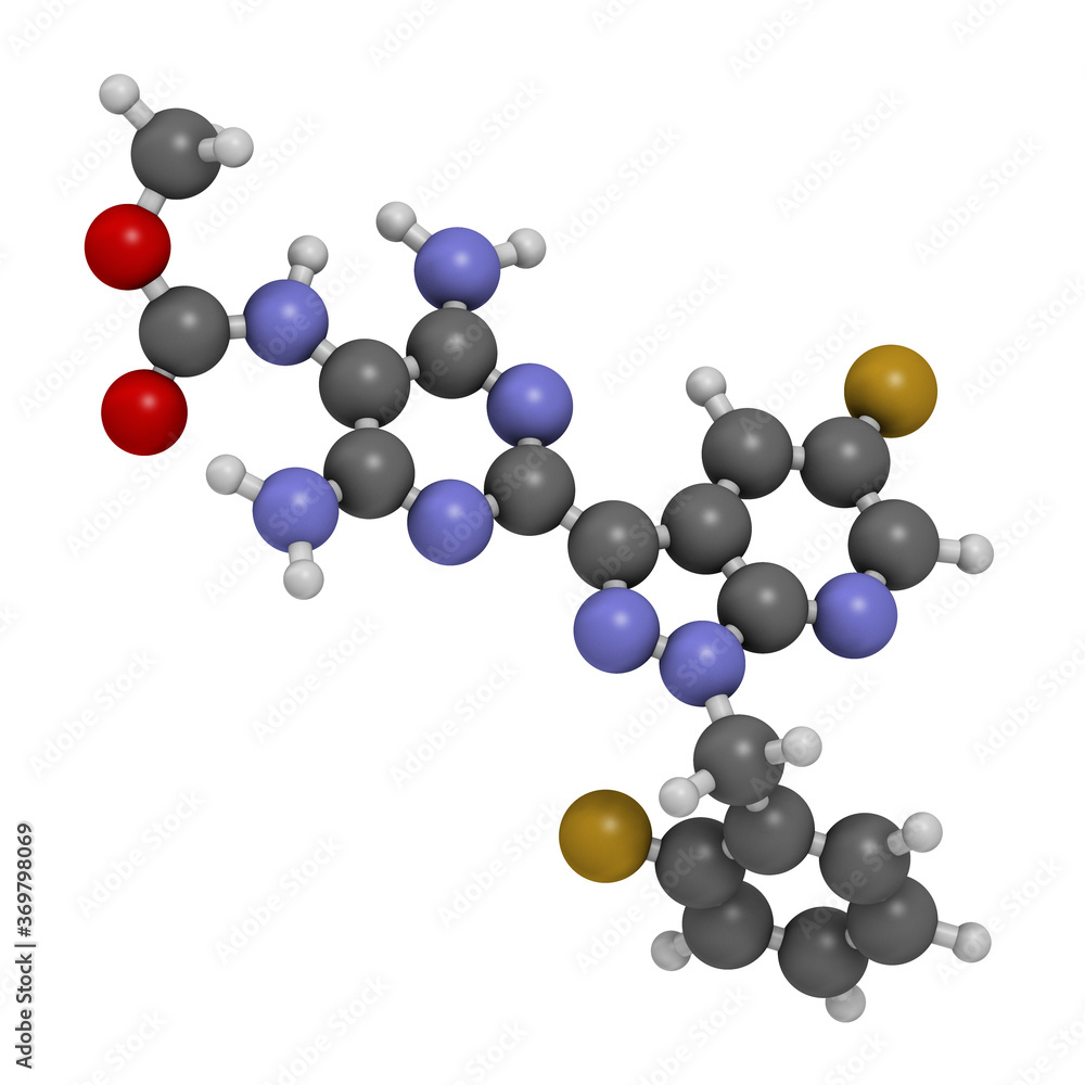 Vericiguat heart failure drug molecule. 3D rendering. Atoms are ...