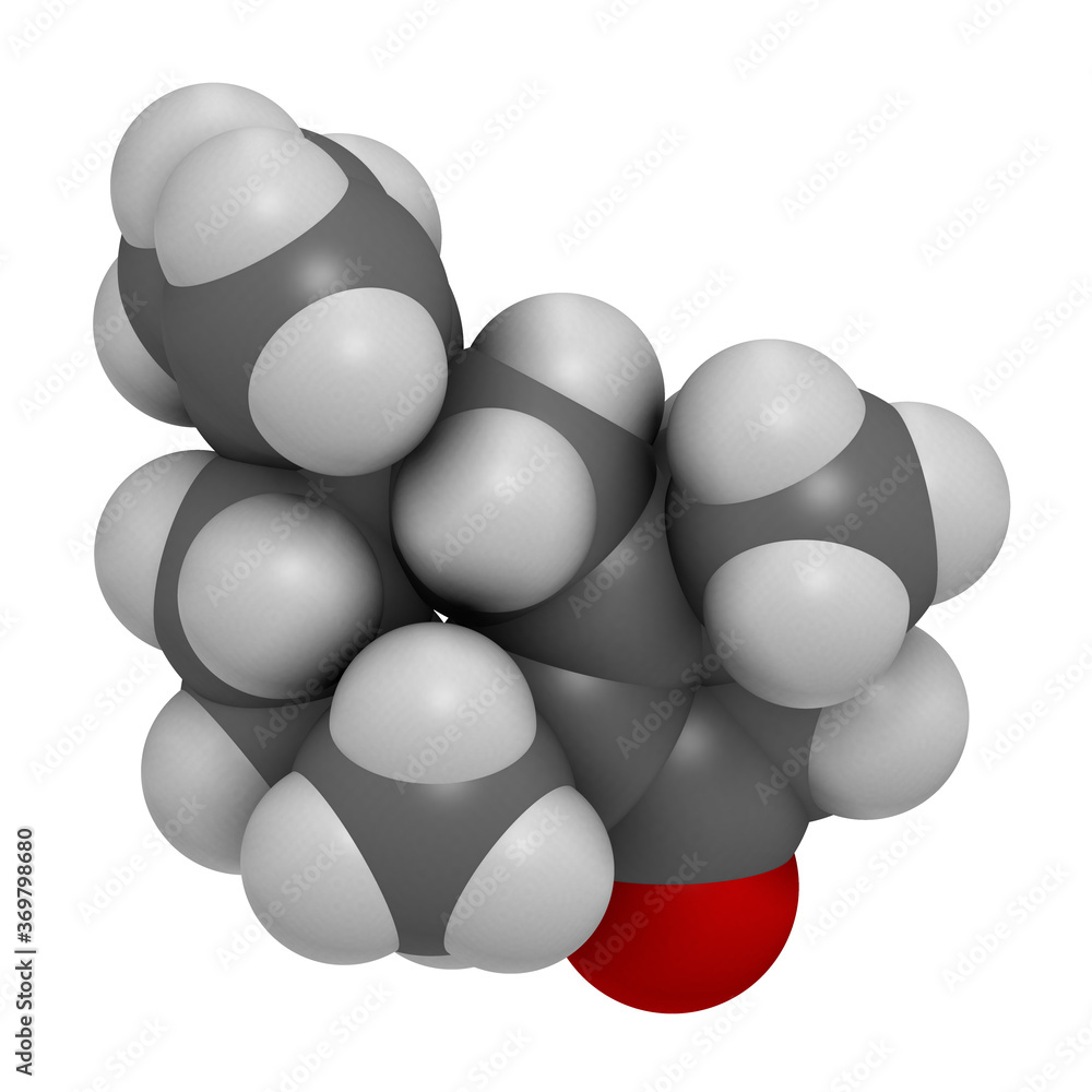 Rotundone peppery taste molecule. 3D rendering. Atoms are represented ...