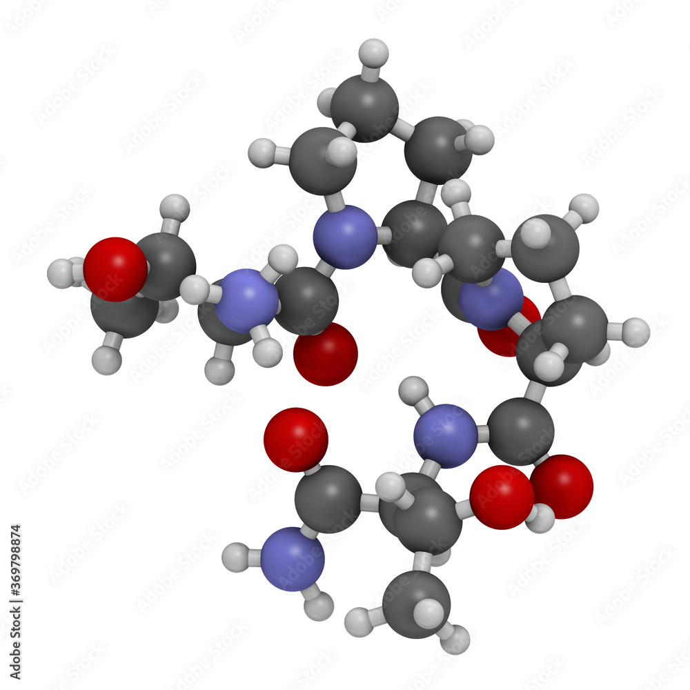 Rapastinel drug molecule. 3D rendering. Atoms are represented as ...