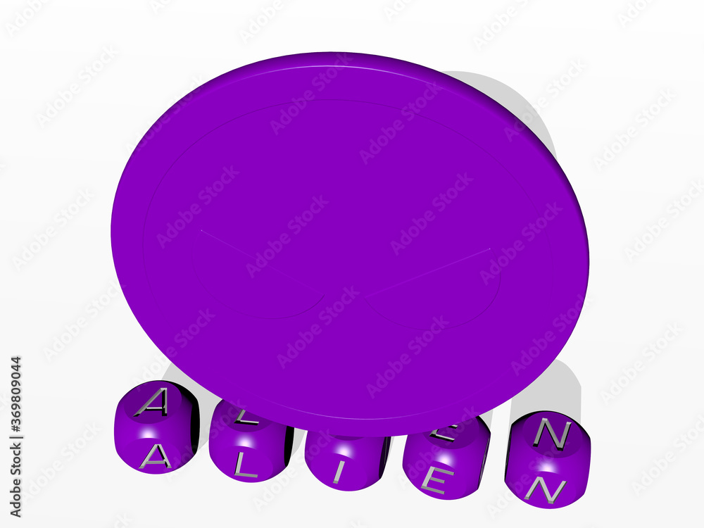 3D illustration of alien graphics and text made by metallic dice ...