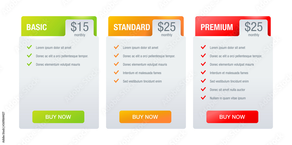 Tariff comparsion tables - web UI template - Basic, Standard, Premium ...