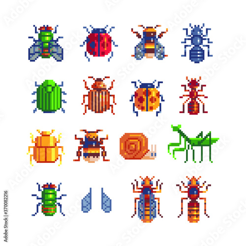 Different insects set. Pixel art 80s style icons. Element design for ...