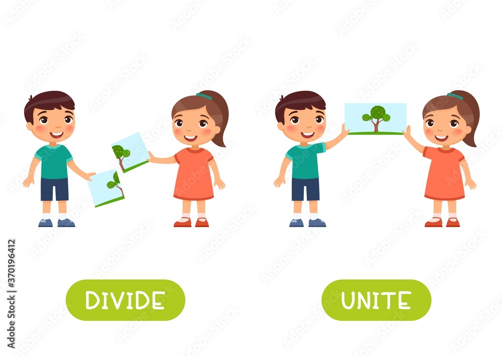 Divide and unite antonyms word card vector template. Opposites concept ...