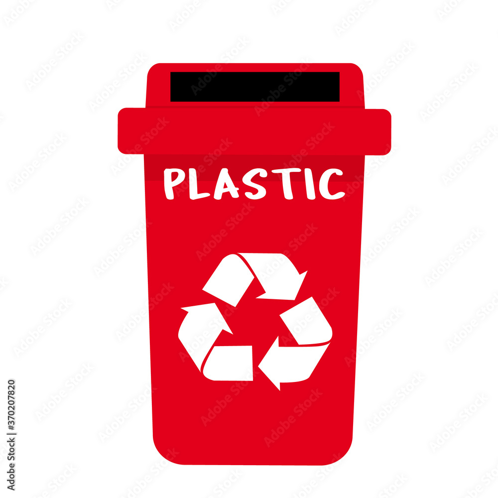 Waste sorting, red trash can with sorted plastic garbage, sorting and separating garbage ...
