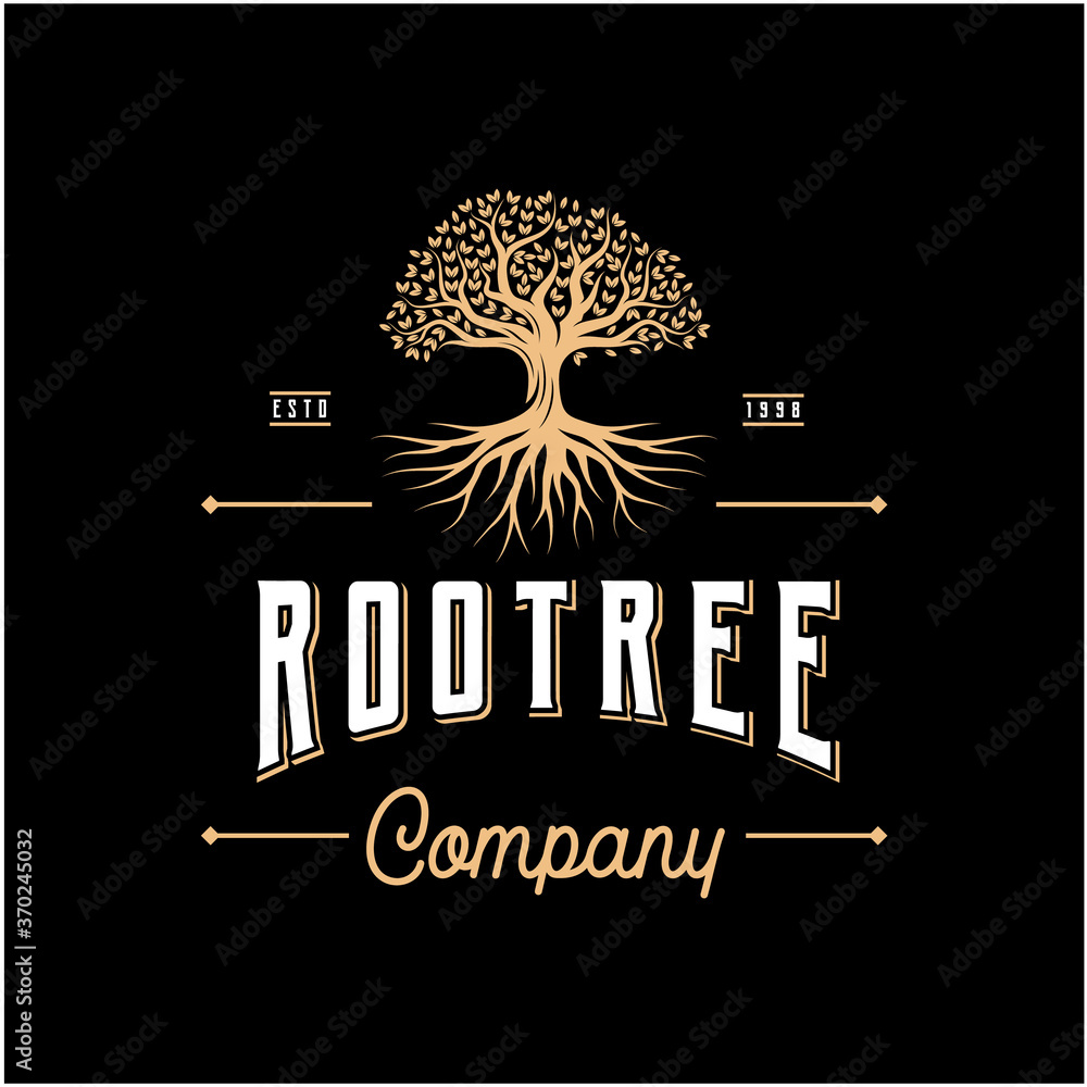 Abstract Vibrant Oak Banyan tree logo design, tree and root vector ...