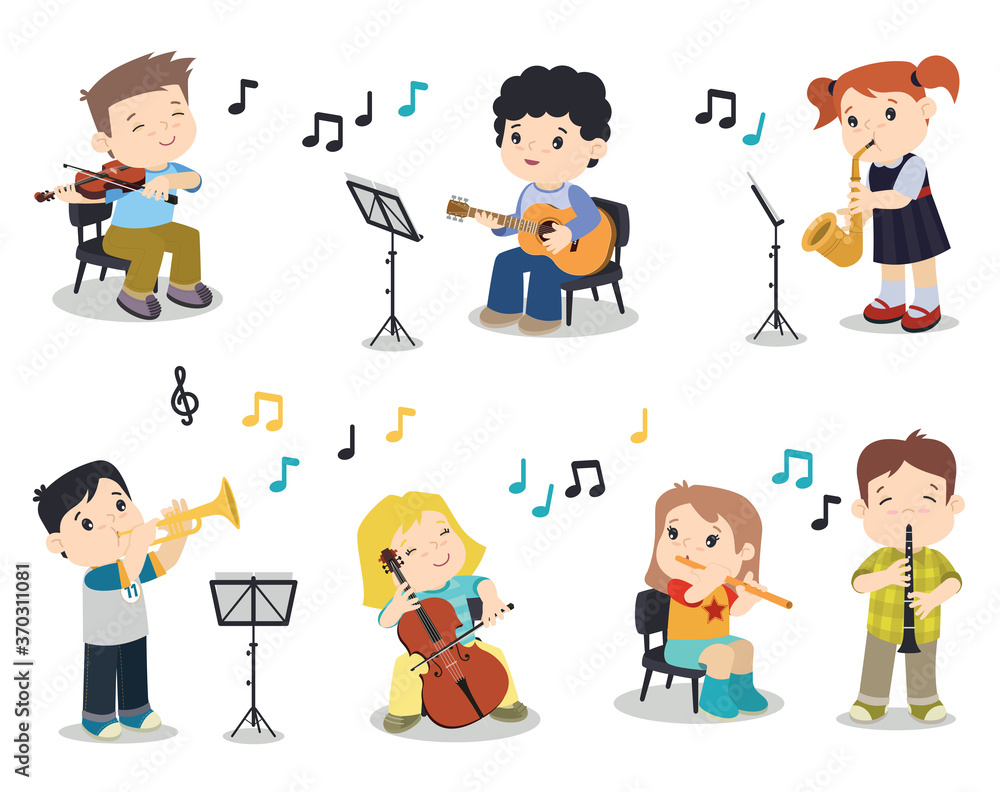 School Band Practice Cute Children Playing Music Instruments Vector ...