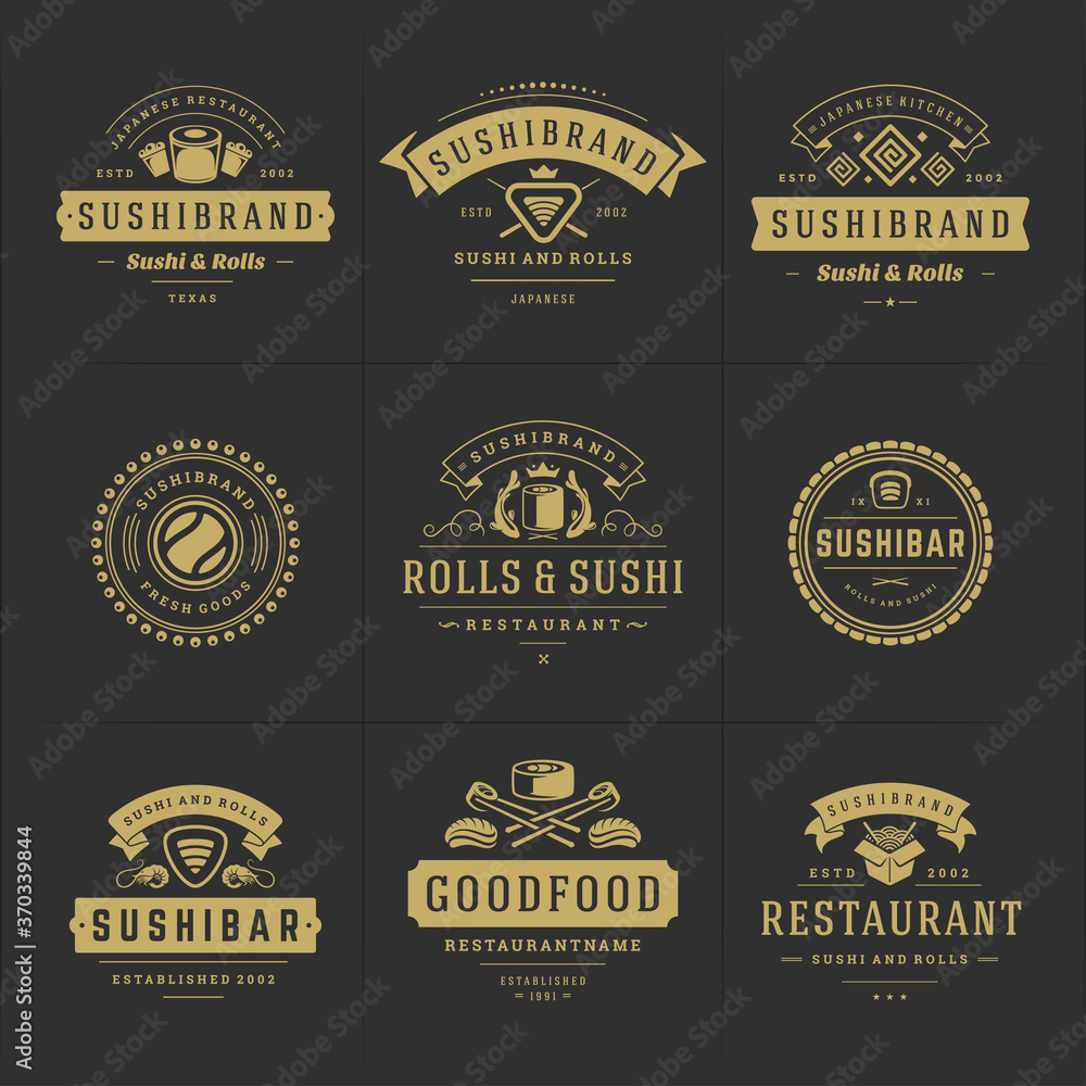 Sushi restaurant logos and badges set japanese food with sushi salmon ...