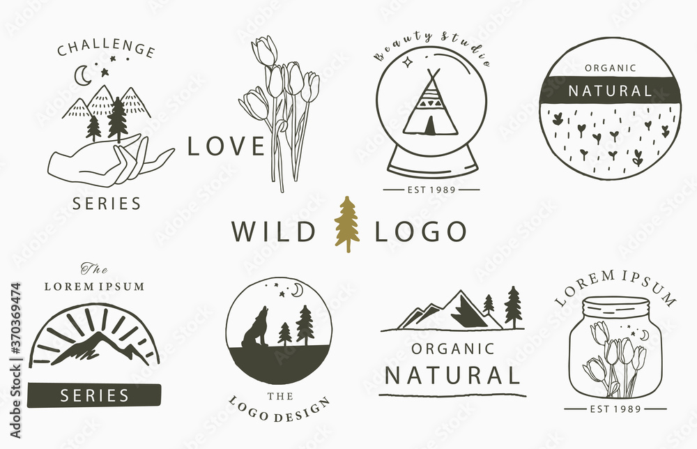 Cute home logo collection with flower,tulip,tent,moutain,fox.Vector ...