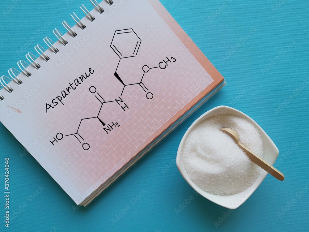 Structural chemical formula of aspartame molecule with artificial ...