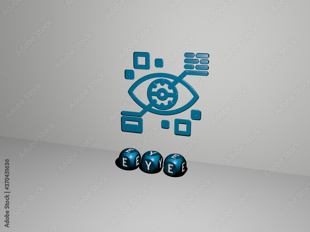 3D illustration of EYE graphics and text made by metallic dice letters ...