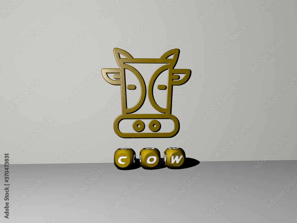 cow 3D icon on the wall and text of cubic alphabets on the floor. 3D ...