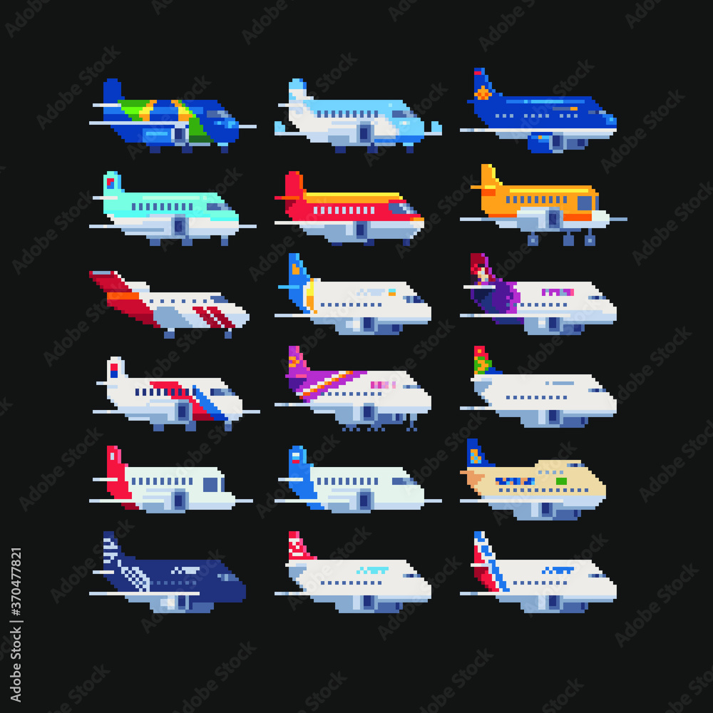 Image vectorielle Stock Vehicles aircraft, set of airplanes icons pixel ...