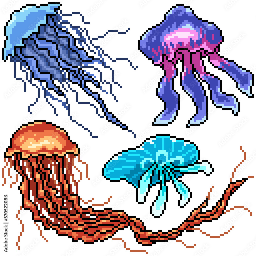pixel art set isolated dangerous jellyfish Stock Vector | Adobe Stock