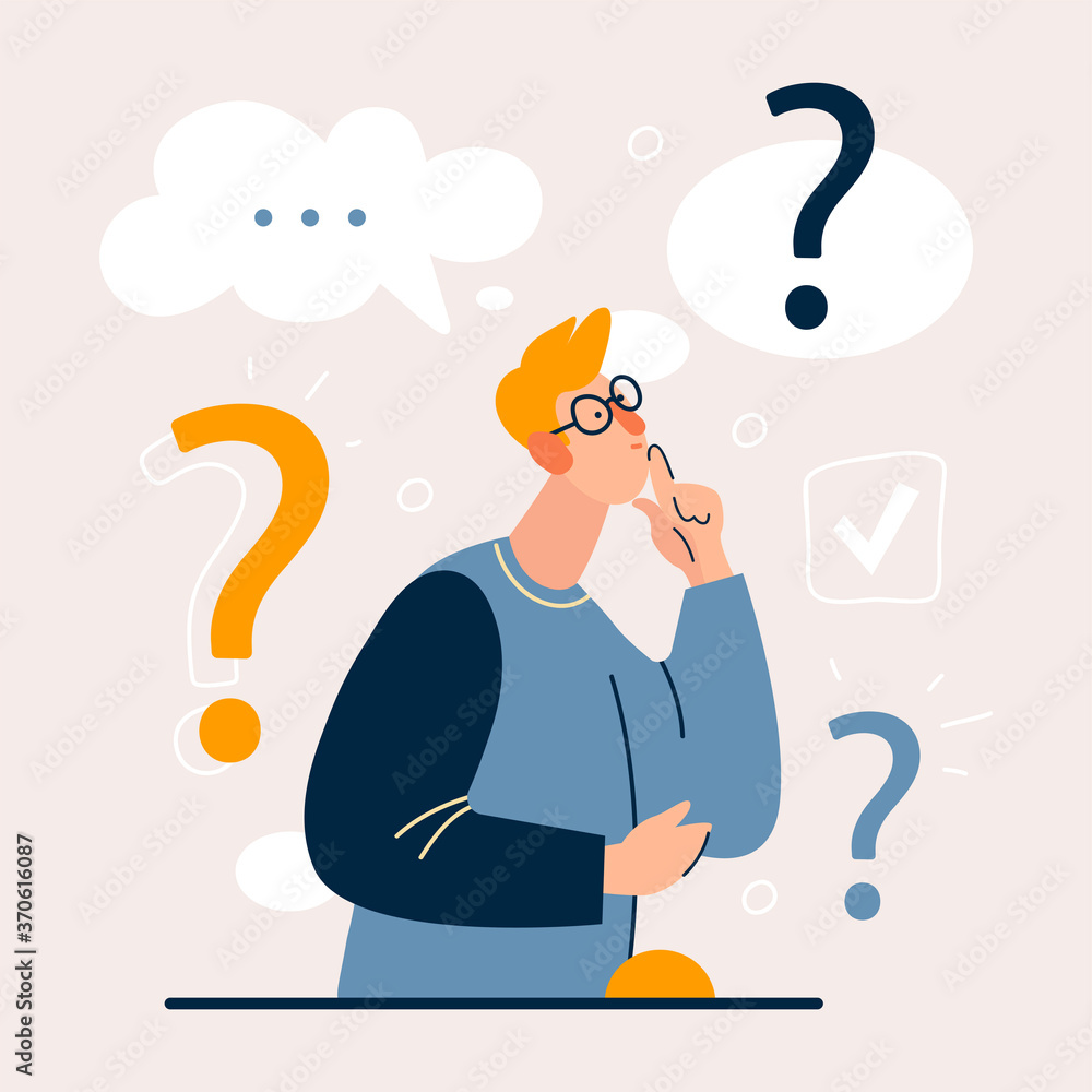 Brainstorm new idea. Thinking man with question marks. Flat cartoon style illustration. Stock ...