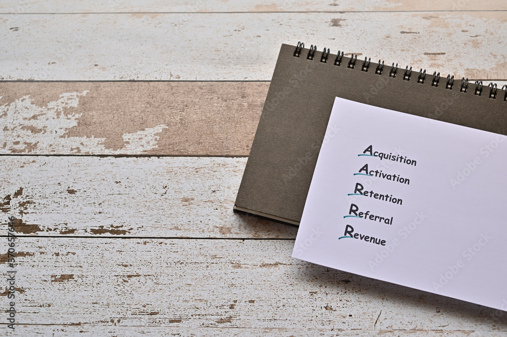 There is a paper printed with chart of the word "AARRR" of the growth ...