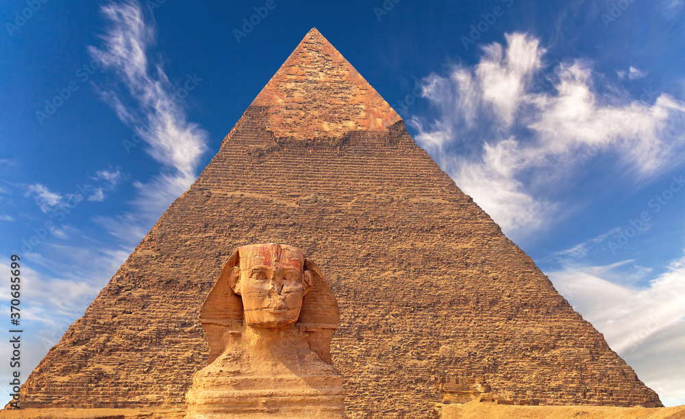 Giant statue of Great Sphinx on the background of the oldest and ...