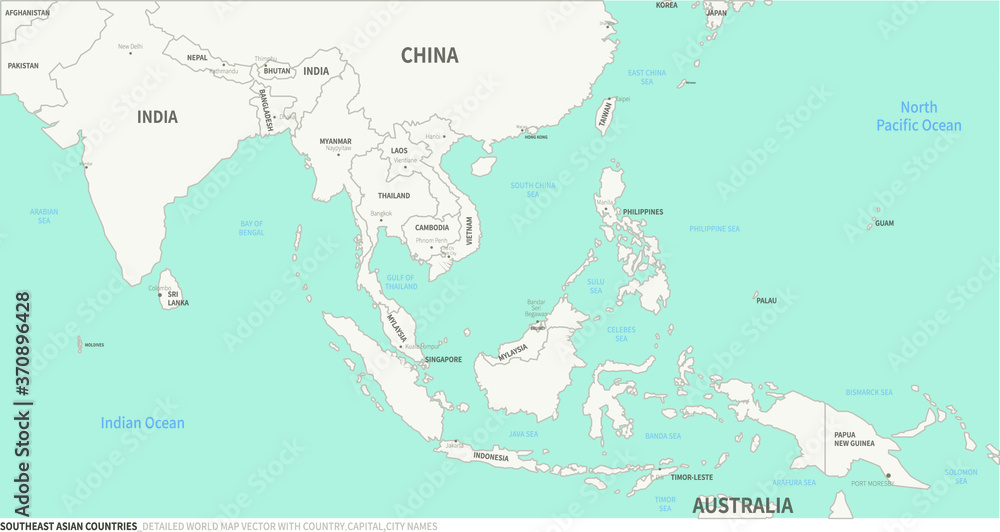Southeast Asian Countries map. Detailed world Map Vector with Country ...