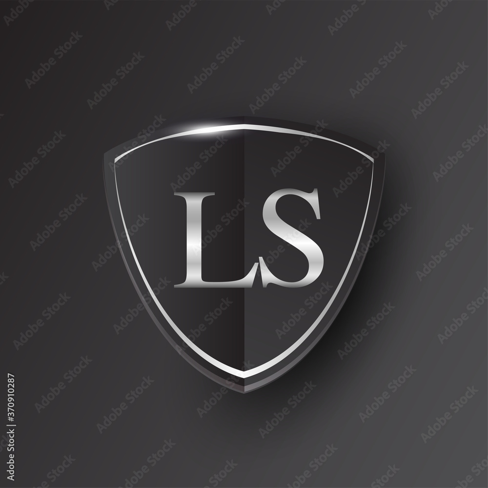 Initial logo letter LS with shield Icon silver color isolated on black ...