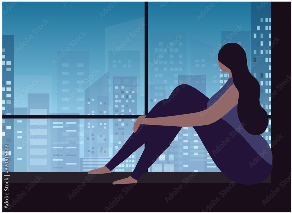 Sad and depressed woman hug her knee sitting on window.Unhappy and ...