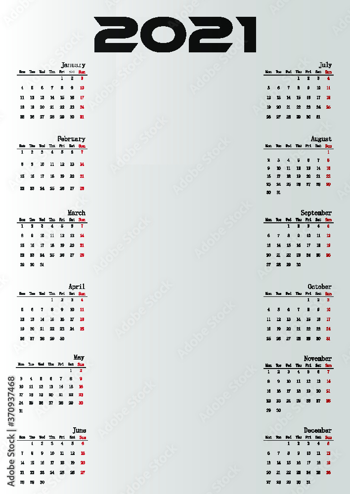 Calendar for 2021.12 months on one tab. Vertical two columns ...