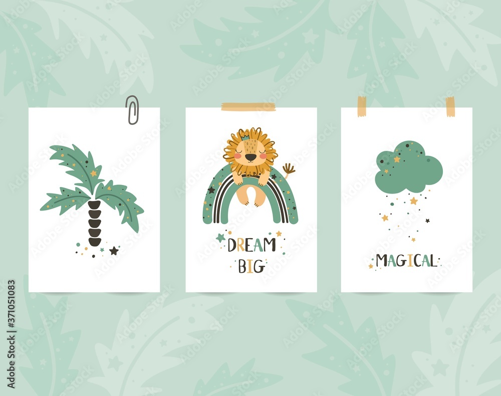 Nursery posters with baby animals and rainbows in pastel colors. Cute ...