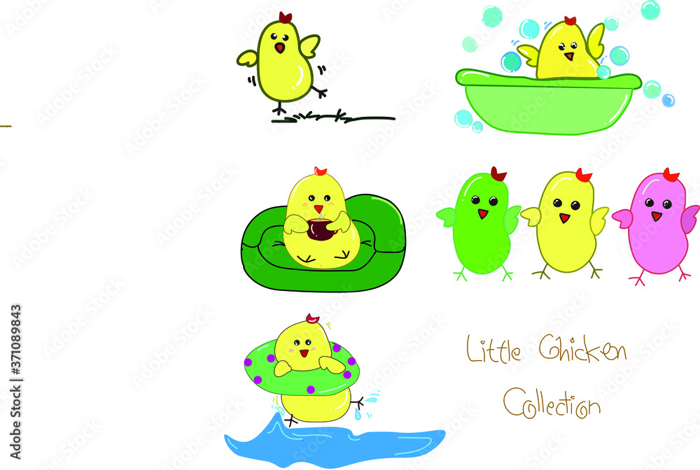 Set of cute cartoon little chicken design with vector illustration ...