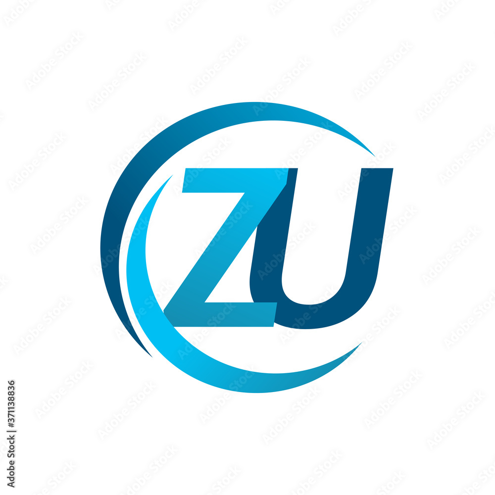 initial letter ZU logotype company name blue circle and swoosh design ...
