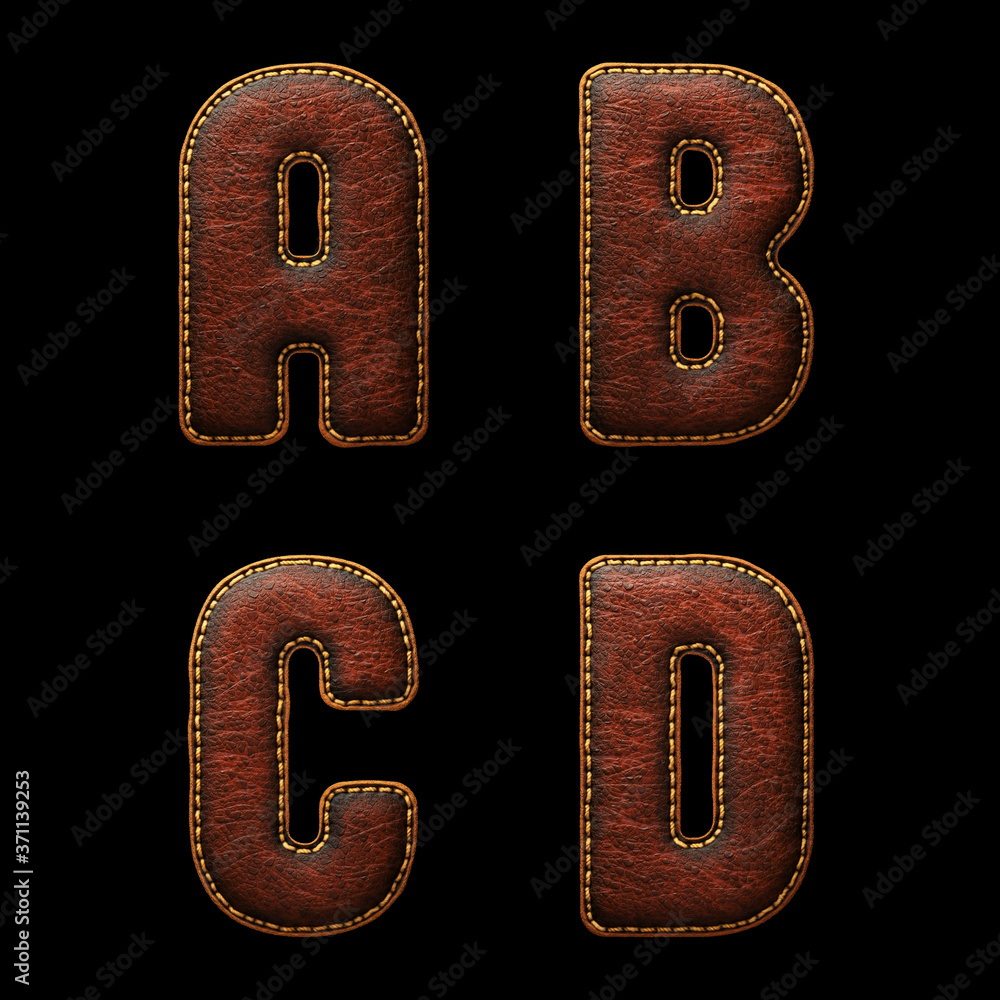 Set of leather letters A, B, C, D uppercase. 3D render font with skin ...