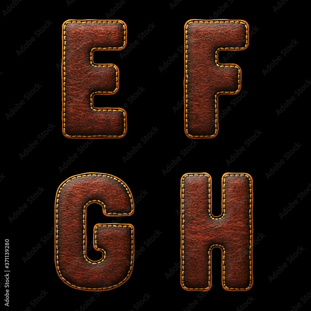 Set of leather letters E, F, G, H uppercase. 3D render font with skin ...